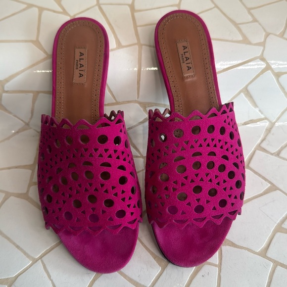 Alaia | Shoes | Alaia Pink Laser Cut Suede Slides Sandals | Poshmark